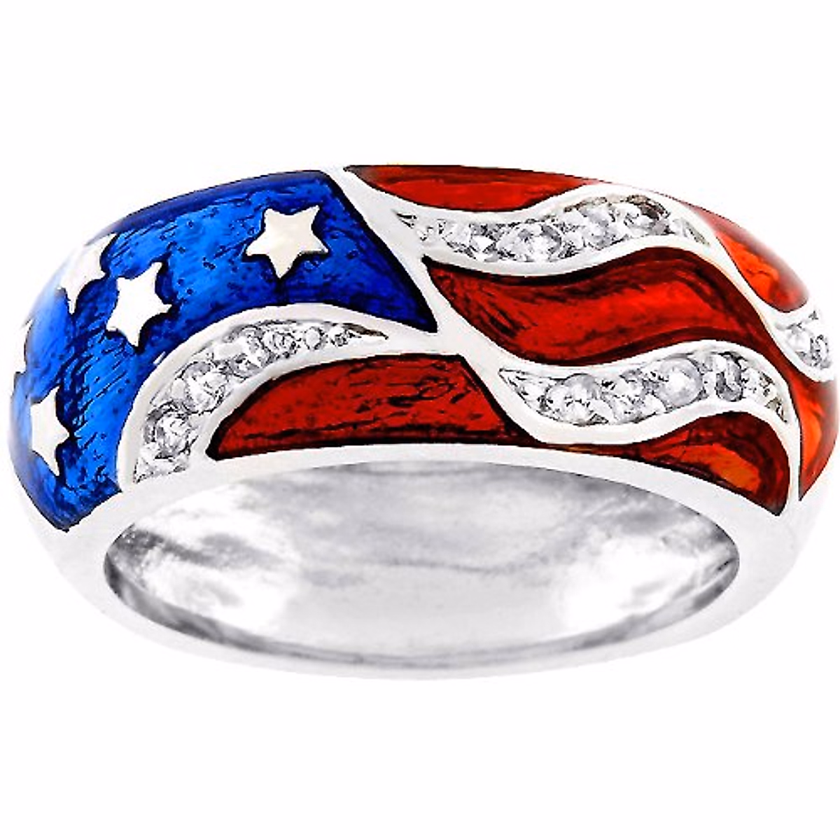 Kate Bissett USA American Flag Patriotic Ring with Red and Blue Enamel and Cubic Zirconia Size 5
