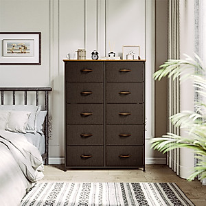 YITAHOME Tall Dresser with 10 Drawers, Furniture Storage Drawer Unit, Sturdy Steel Frame, Wooden Top & Easy Pull Fabric Bins, Organizer Tower Chest for Closet, Bedroom, Entryway, Nursery(Brown)