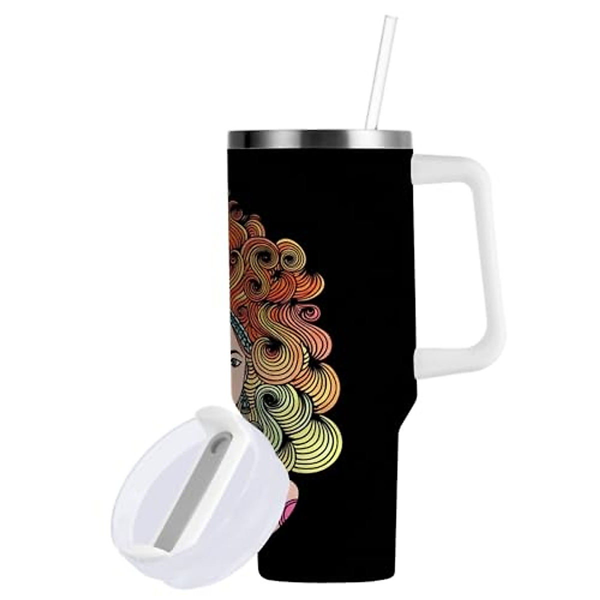 RPLIFE Intricate Hairstyles Black 40 Oz Tumbler with Handle, Stainless Steel Tumbler with Straw, Coffee Tumbler for Women