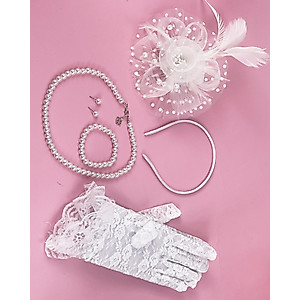 5 Pack White Fascinator for Gril Tea Party Headband Derby Hat Lace Gloves ewelry Pearl Bracelet Earrings Set for 1920s Party