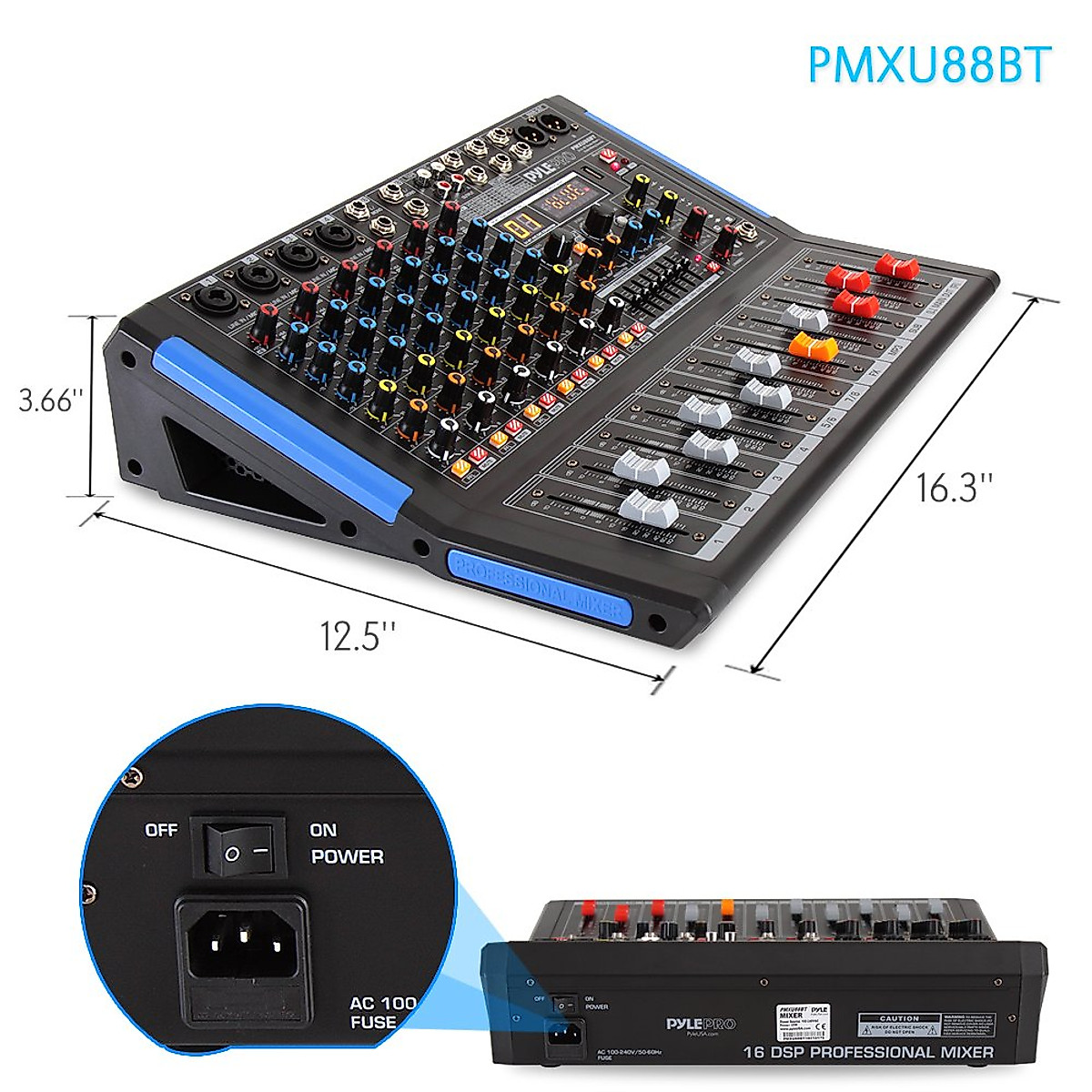 PYLE 8-Channel Bluetooth Studio Audio Mixer - DJ Sound Controller Interface w/ USB Drive for PC Recording Input, XLR Microphone Jack, 48V Power, RCA Input/Output for Professional & Beginners