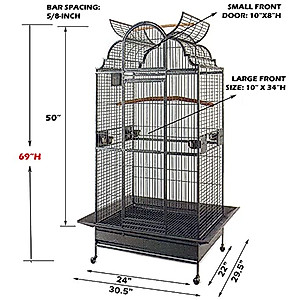 Large Elegant Wrought Iron Open Dome Play Top Bird Parrot Cage, Include Large Front Door and Small Pull Down Door, Metal Seed Guard, Solid Metal Feeders, Breeding Doors