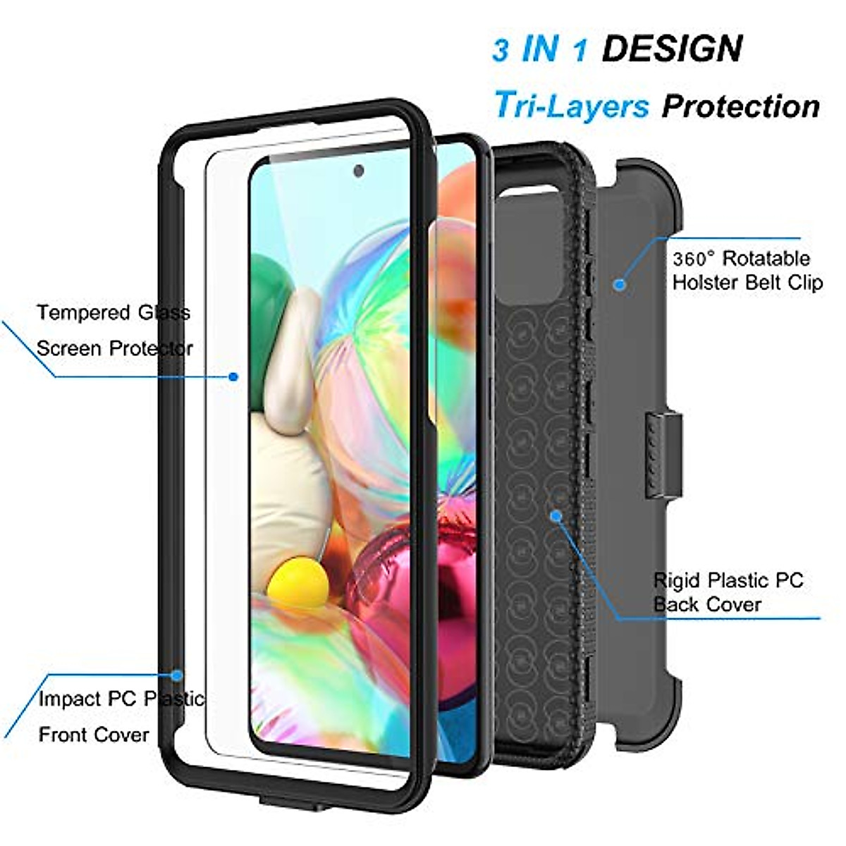 Njjex Rugged Case For Samsung Galaxy A71 5G, For Galaxy A71 Case + Tempered Glass Screen Protector [2 Pack], [Nbeck] Shockproof Heavy Duty Locking Swivel Holster Belt Clip Kickstand Hard Cover [Black]