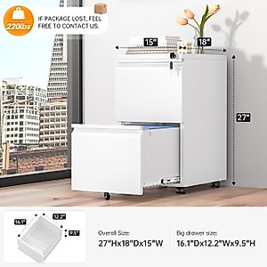 INTERGREAT 2 Drawer File Cabinet, Assembled Metal Filling Cabinet with Lock, Locking Office Mobile Cabinet with Wheels for Legal/Letter Size, Under Desk, White