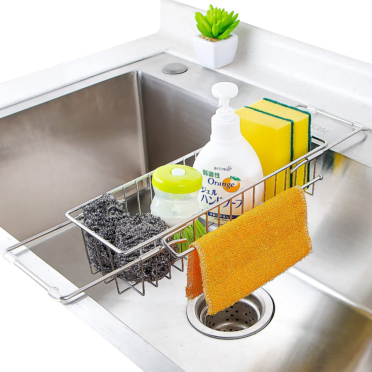 YQh Kitchen Sponge Holder, Sink Caddy，Sink Storage Rack Holder Adjustable，Over Sink Expandable(11.8''-18.9'') Brush Soap Storage Rack，Rust Proof Water Proof, No Drilling- Stainless Steel