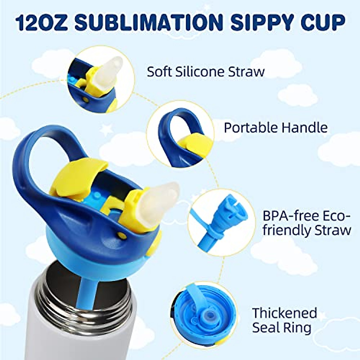 Mocaru Kids Sublimation Tumbler, 12oz Sublimation Kids Water Bottle with One-click Pop-up Straw Lid and Handle, Stainless Steel Insulated Sublimation Kids Sippy Cups Blanks with Shrink Films(6 Pack)