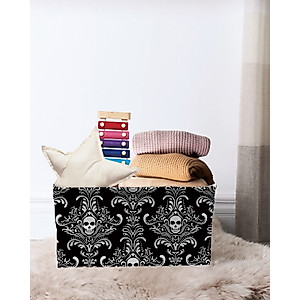 Storage Bins Large Storage Basket,Halloween Scary Skull Skeleton Damask Flower Collapsible Storage Bins with Handle,Black and White Shadow Storage Baskets Cube Organizer for Shelves Closet Nursery