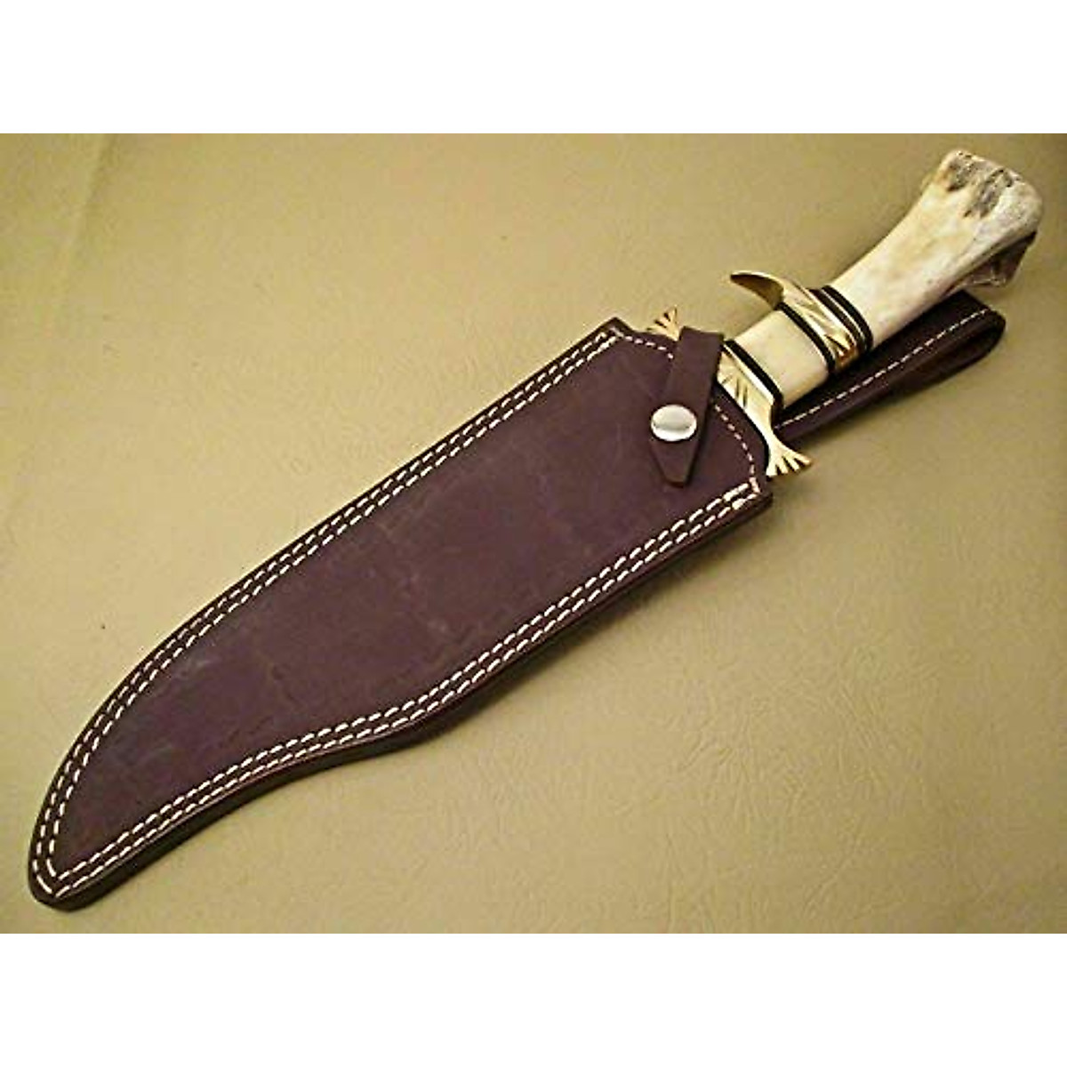 Custom Hand Made Forged Damascus Steel Hunting Bowie Knife Fixed Blade Leather Handle Camel Bone With Leather Sheath Full Tang 967