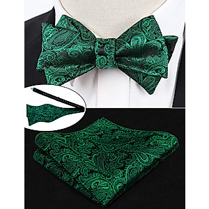 Alizeal Paisley Suspenders and Self Tied Bow Tie for Men with Pocket Square Set, Dark Green