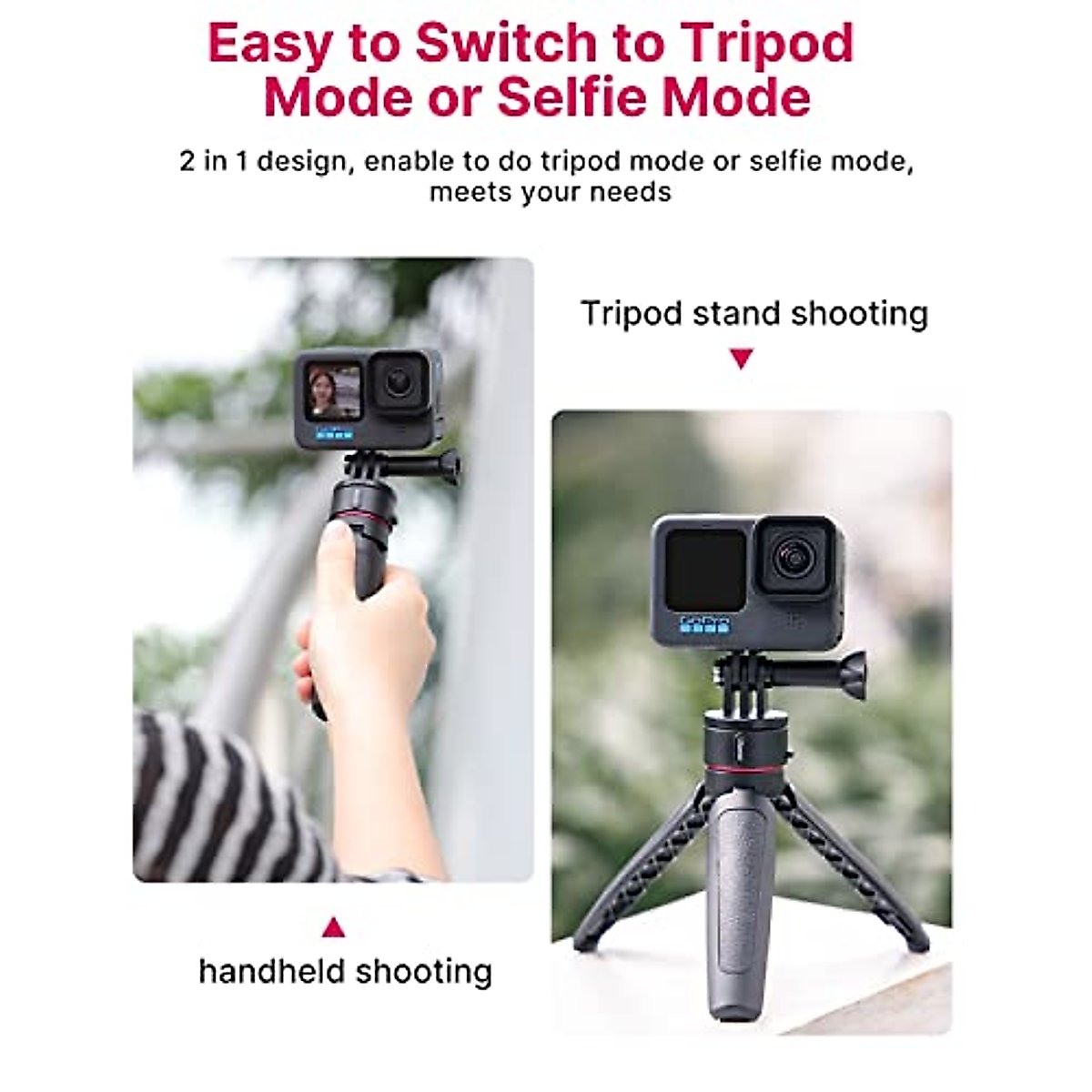 Mini Tripod Mounting Accessories for Gopro - ULANZI Go Quick II Small Tripod Quick Release Compact Vlog Handle Selfie Grip Compatible with Gopro Hero 5/6/7/8/9/10/11 Black/DJI Action/Insta 360/Askaso