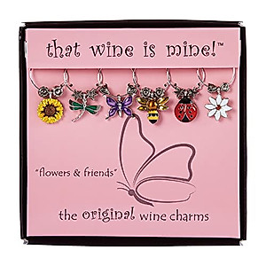 Wine Things 6-Piece Wine Glass Markers Wine Glass Charms Wine Glass Tags for Stem Glasses Wine Tasting Party, Wine Charm (Flowers & Friends)