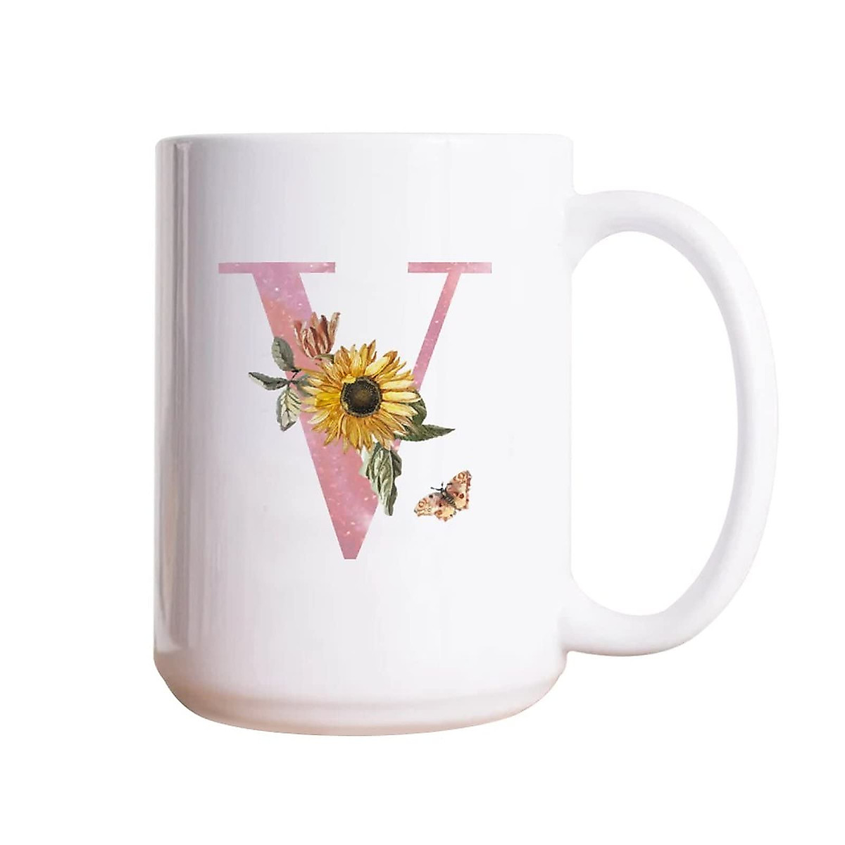 Novelty Quote White Ceramic Coffee Mugs 15oz,Sunflower Pink Initial Alphabet Monogram Letter V Funny Coffee Mug Porcelain Humorous Coffee Cup for Christmas Friends Classmate Teacher Kids