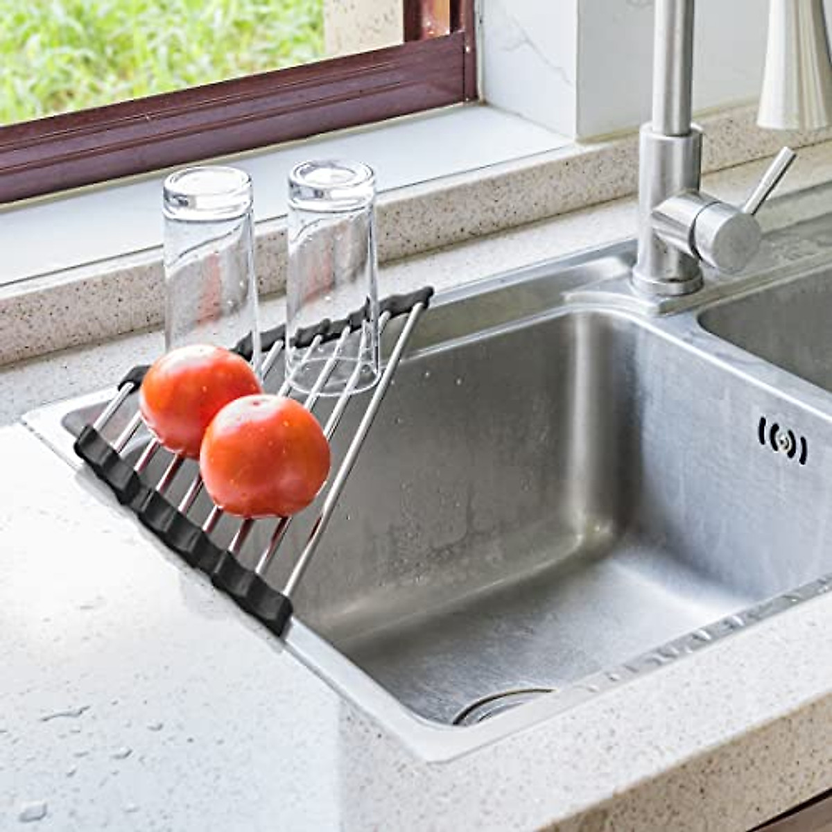 Annaklin Triangle Roll Up Dish Drying Rack for Sink Corner 1-Pack, Stainless Steel Foldable Mini Corner Sink Drying Rack for Small Spaces, Over The Sink Corner Dish Drainer, Black