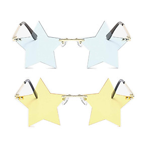Star Rimless Sunglasses for Women/Men Unique Personalized Pentagram sun glasses Prom Party Sun Mirror (BLUE+YELLOW)