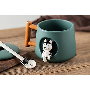 DIHOclub Ceramic Coffee Mug with Lid and Matching Spoon,Novelty 3D Husky Pattern Mug for Tea Milk Chocolate Juice,Cute Cup for Dog Lovers,Perfect Gifts-14 Ounces (green)
