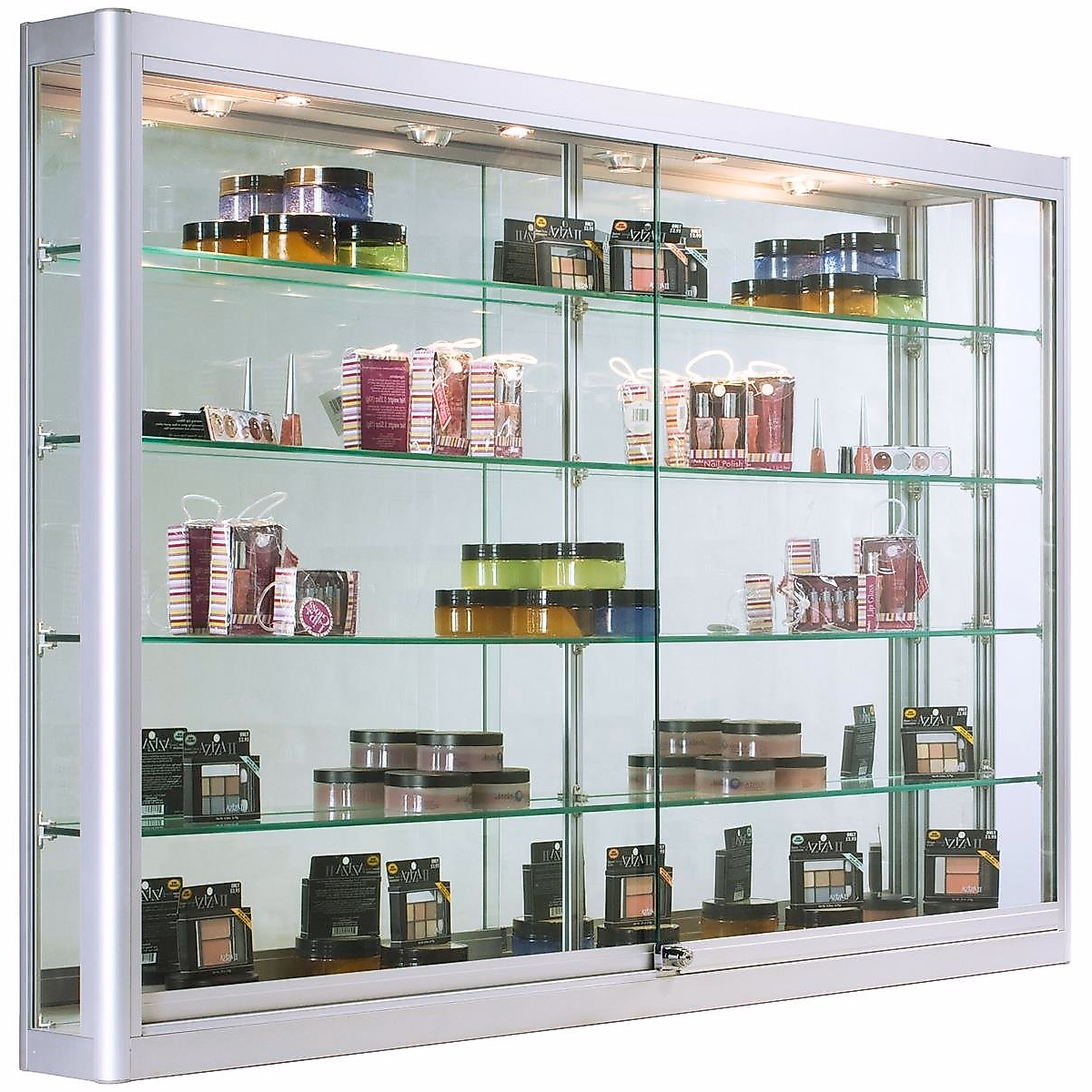 Displays2go Glass Wall Cabinets with LED Lights, Aluminum, Tempered Glass Shelves – Silver (WC606LEDS)