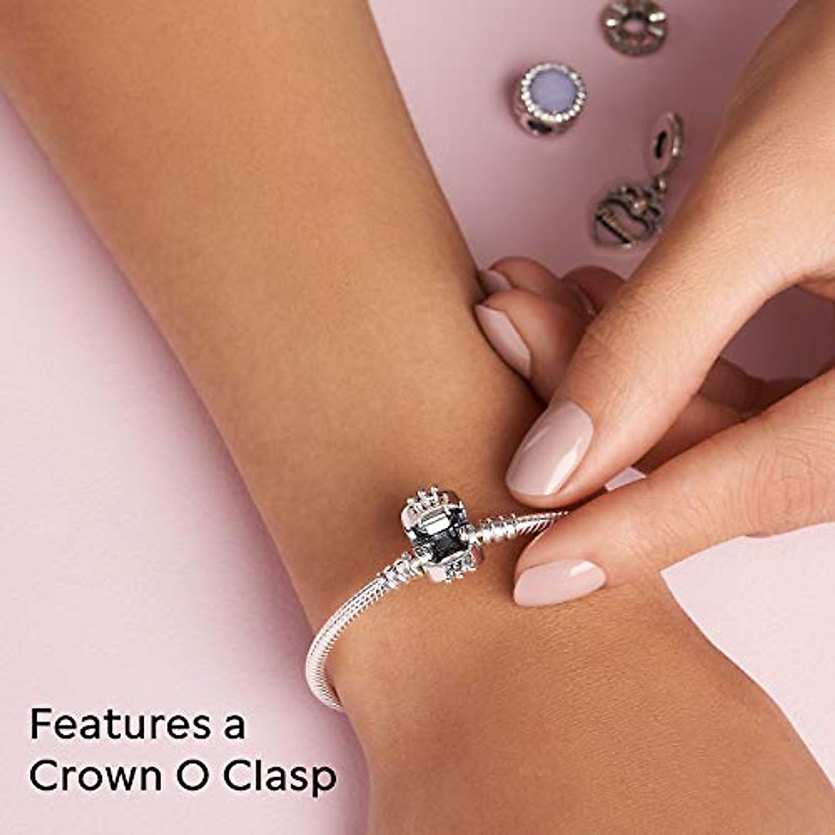Pandora Moments Crown O Clasp Snake Chain Bracelet - Sterling Silver Charm Bracelet for Women - Compatible Moments Charms - Cubic Zirconia & Sterling Silver - 7.5"
