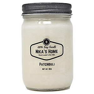 Nika's Home Patchouli Soy Candle - 12oz Mason Jar - Non-Toxic Soy Candle-Hand Poured Patchouli Candle- Handmade, Long Burning Candle-Highly Scented Candle-All Natural, Clean Burning Candle