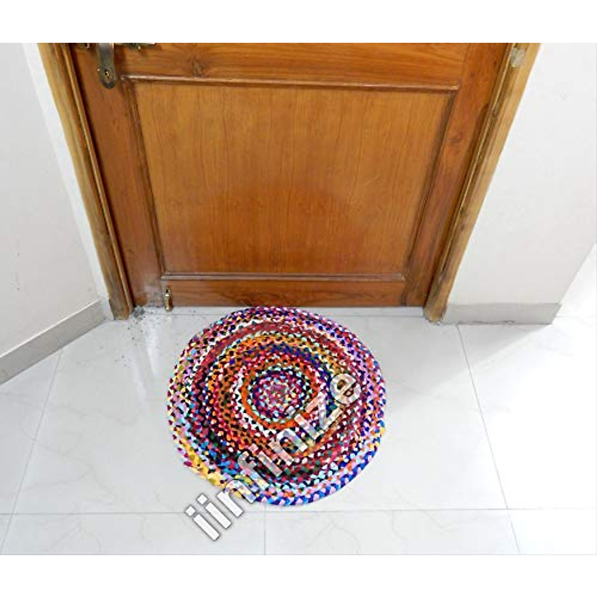 iinfinize Jute Cotton Pray Mat Yoga Mat Indian Dyed Chindi Rug Cotton Carpet 24" Handmade Door Mat Traditional Reversible Use Floor Area Rug