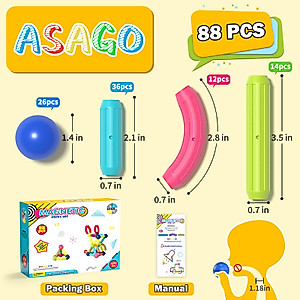 Asago Magnetic Building Toys for Kids, 88pcs Magnetic Tiles Toddler Toys, Magnet Blocks Sticks & Ball Creativity Game, STEM Brain Development Kit for Preschool Girls,Boys Ideal Gift Set