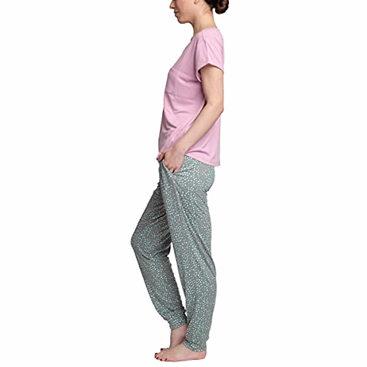 Hanes Women's Short Sleeve Top and Jogger Pajama Pants, Pink/Dot, Large