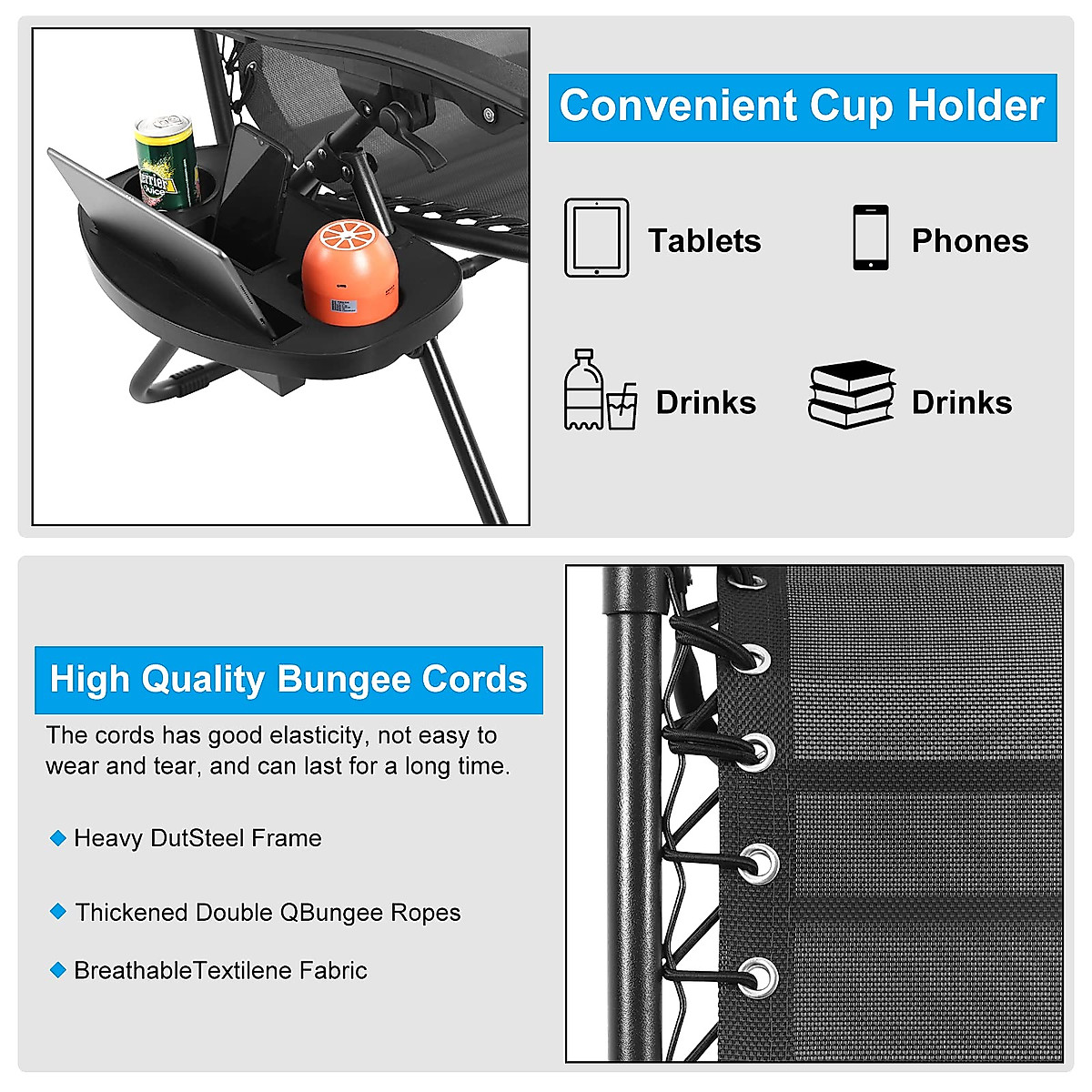 HHS Zero Gravity Chair Lawn Chairs Reclining Lounge Chairs for Outside Patio Outdoor Folding Chair Loungers Comfortable Beach Poolside Chaise with Removable Pillow, Black, 37 x 26 x 43 inches