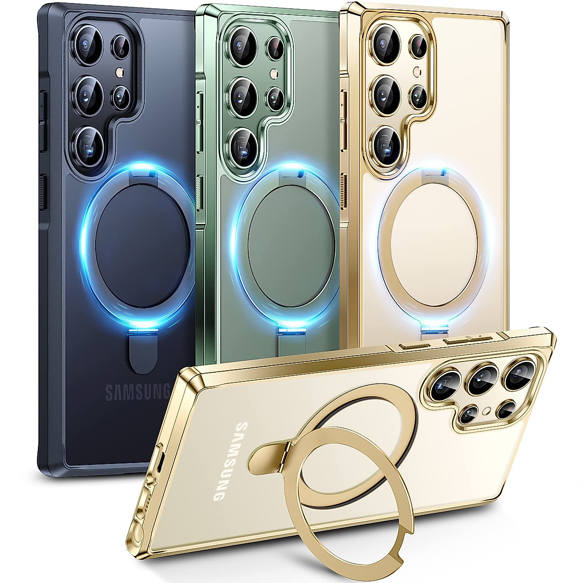 Juntone for Samsung Galaxy S23 Ultra Case with Magnetic Stand,[Compatible with Magsafe][Non-Yellowing], Slim Protective Matte Back and Green Edge Phone Case for Galaxy S23 Ultra Case 6.8 Inch-Gold