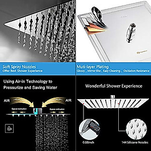 Rain Shower Head With Extension Arm, NearMoon Square Shower Heads, Large Stainless Steel Rainfall Showerhead-Waterfall Full Body Coverage (12 Inch Shower Head With 15 Inch Shower Arm, Chrome)