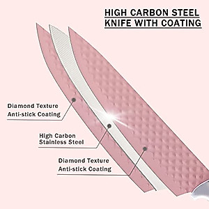 Tinor Kitchen Knife Set, 9 Pieces Pink Knife Set with Acrylic Block Cutting Board & Sharpener, High Carbon Stainless Steel Chef Knife Block Set, Nonstick Coating