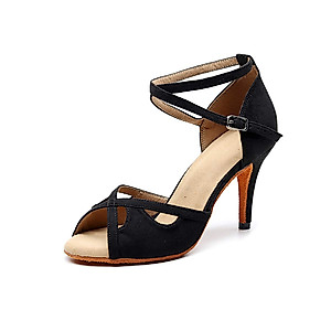 Goettin Women's Professional Latin Dance Shoes Satin Salsa Ballroom Wedding Dancing 3.3 inch Heel Height (US6.5) Black