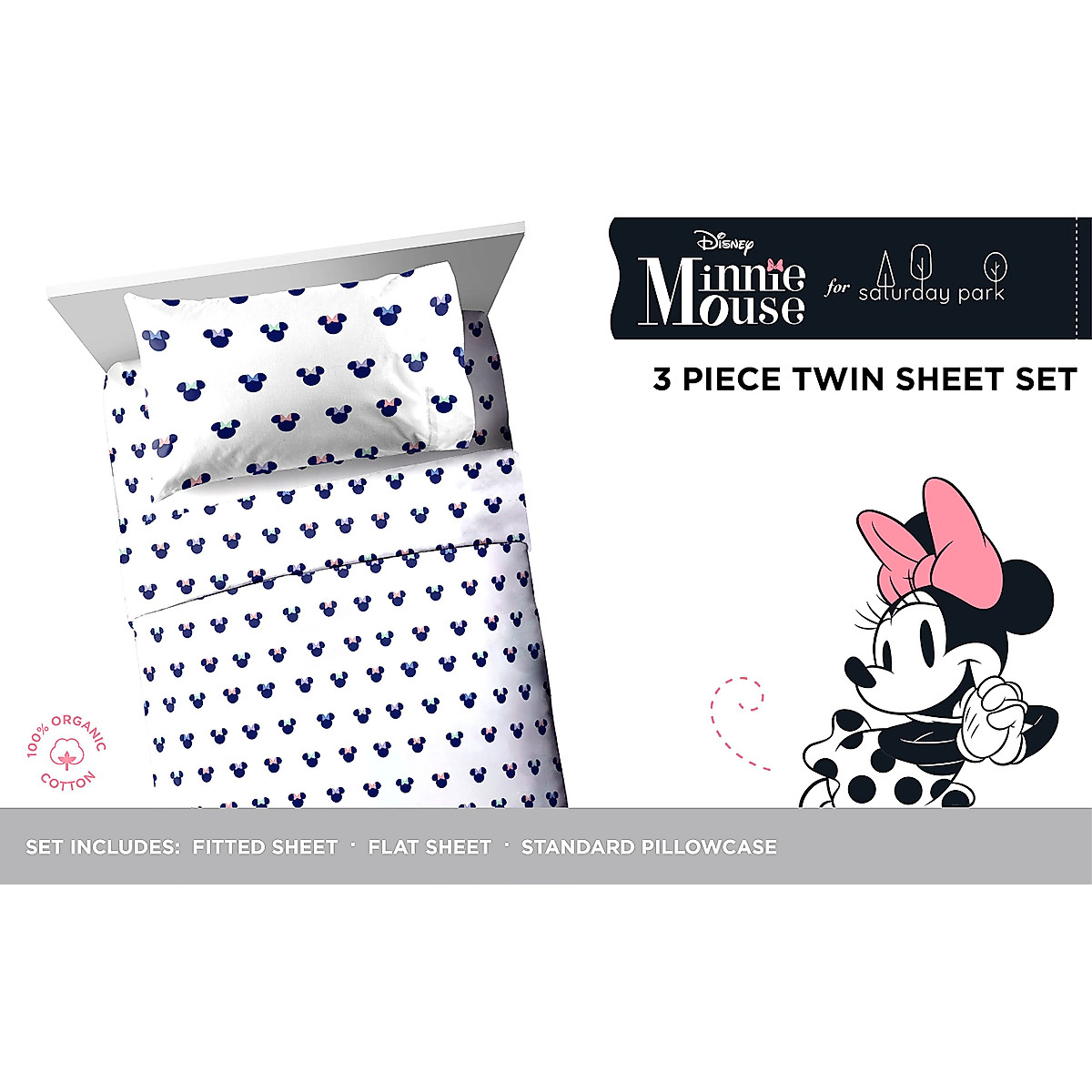 Saturday Park Disney Minnie Mouse Dreaming of Dots Twin Sheet Set - 3 Piece 100% Organic Cotton Sheets - GOTS & Oeko-TEX Certified (Disney Official)