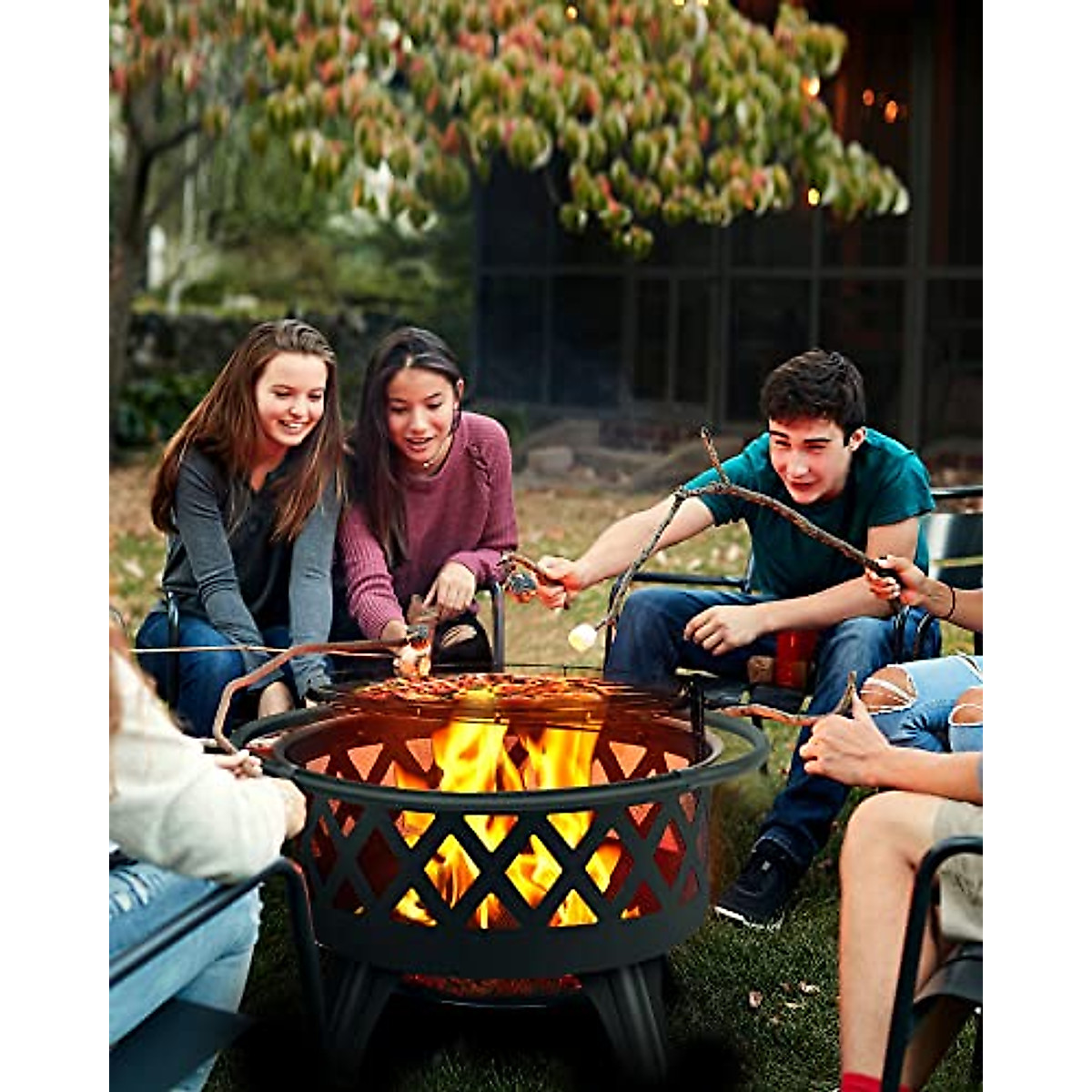 Outdoor 2 in 1 Fire Pit 30" Wood Burning FirePit with Grill, Spark Screen, Great for Outdoor, Garden, Patio, Backyard, Bonfire