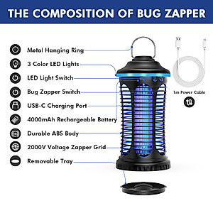 Reogle Rechargeable Bug Zapper Outdoor & Indoor, Mosquito Zapper, Fruit Fly Trap, Gnat Moths Catcher, 4200V Grid, USB Charging, 4000mAh Battery, Fit for Home, Kitchen, Backyard, Camping, Patio, Black