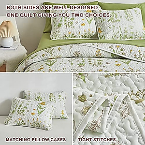 Joyreap 3 Pieces Reversible Quilt Set, Smooth Soft Microfiber Quilt, Yellow Flowers Green Leaves Botanical Design, Bedspread Bed Cover for All Season, 1 Quilt n 2 Pillow Shams (Full/Queen, 90x90)