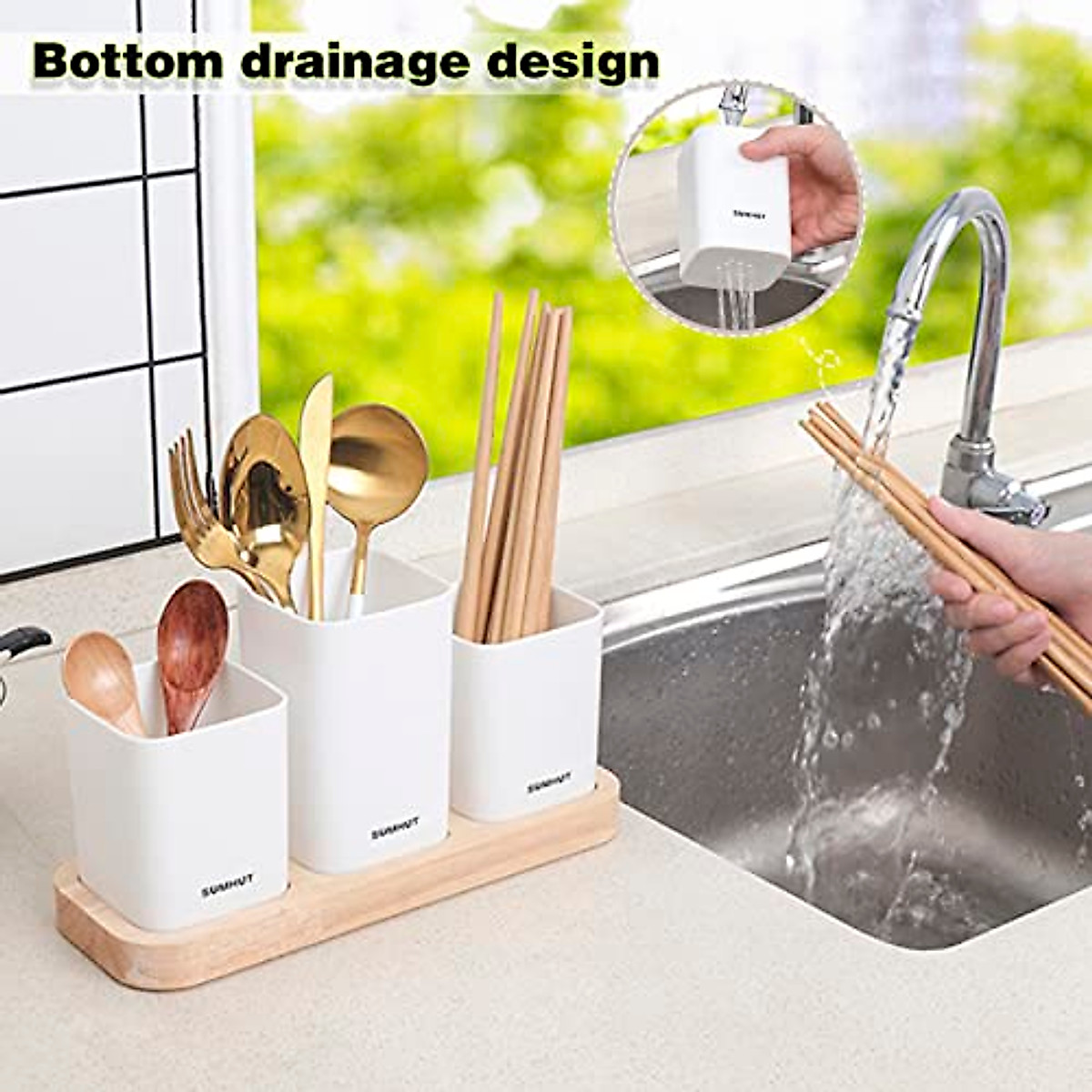 Jaugufiy Cutlery Drying Rack Holder Utensil Drying Rack Basket, Cutlery Holder with Bamboo Base for Bar Kitchen Countertop Storage, Organize Forks, Knives, Spoons