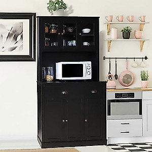 MUPATER Kitchen Pantry Storage Cabinet with Microwave Stand, 71'' Freestanding Hutch Cabinet with Buffet Cupboard, Drawers and Glass Doors for Home Office, Black