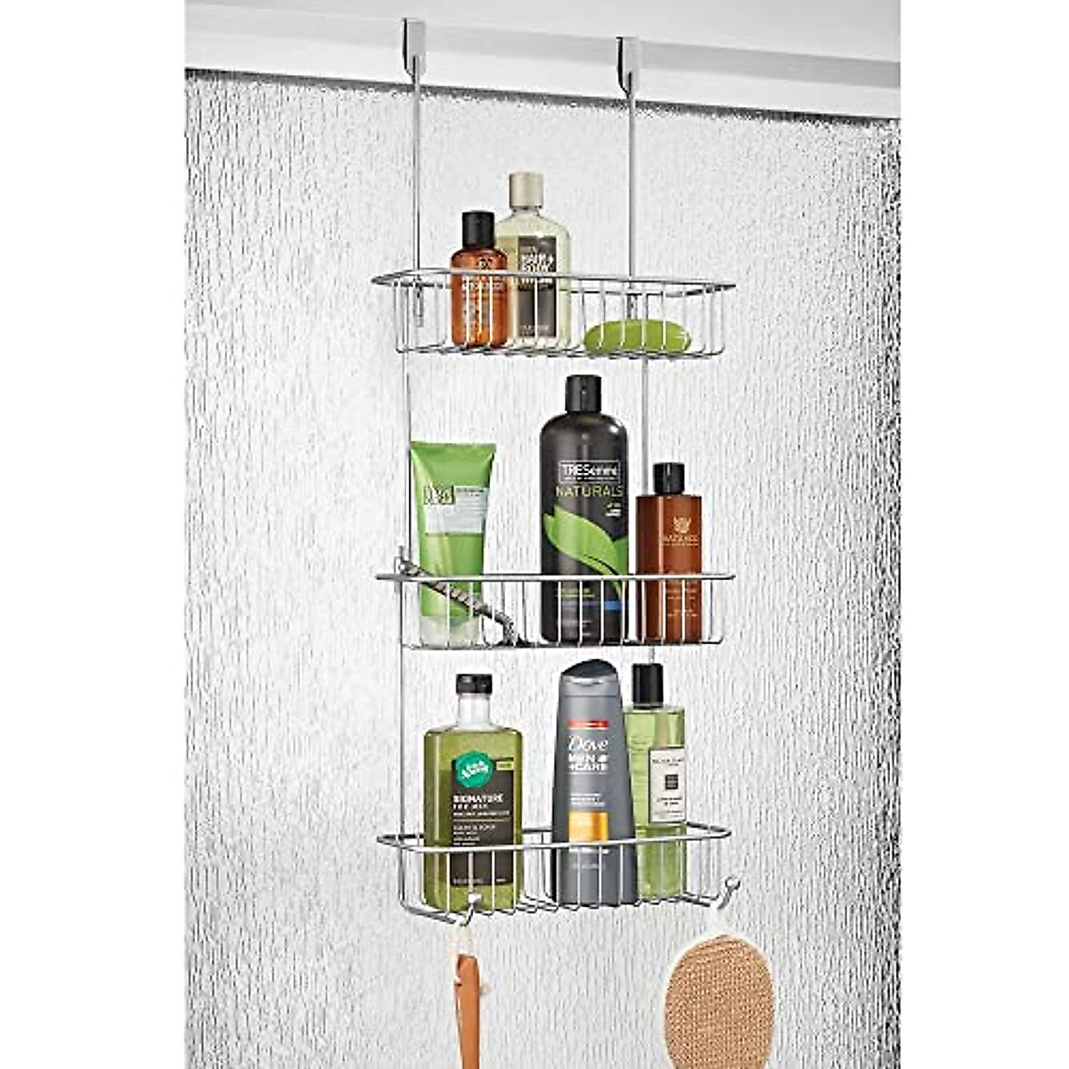 mDesign Metal Over Shower Door Caddy, Hanging Bathroom Storage Organizer Center with Built-In Hooks and Baskets on 3 Levels for Shampoo, Body Wash, Loofahs - Chrome