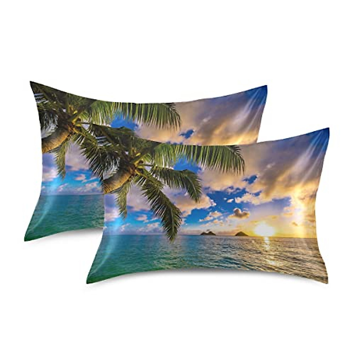 Tropical Beach Sea Sunrise Palm Tree Satin Pillowcase Silk Pillow Case for Hair and Skin Pillow Covers with Envelope Closure,Standard Size 20x26 Inch