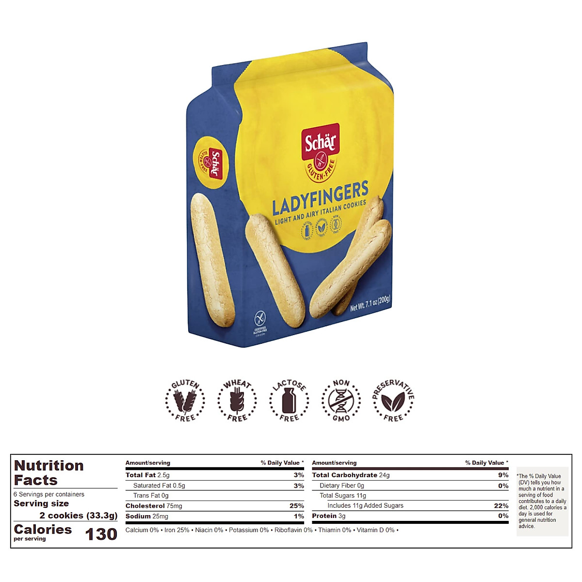 Schar - Lady Fingers - Certified Gluten Free - No GMO's, Lactose, Wheat or Preservatives - (7.1 oz) 2 Pack
