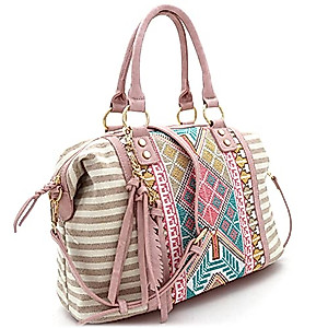 Boho Tassel Leaf Charm Aztec & Stripe Embroidered Canvas Satchel Tote Handbag Purse (Embroidered Satchel - Beige/Blush)