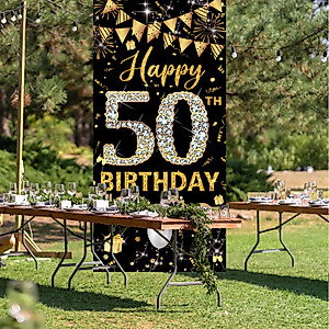 50th Birthday Decorations Door Banner, Black Gold Happy 50th Birthday Decorations Women Men, Door Cover Sign Poster Decor, 50 Year Old Birthday Party Photo Props Backdrop, Fabric 6.1ft x 3ft PHXEY
