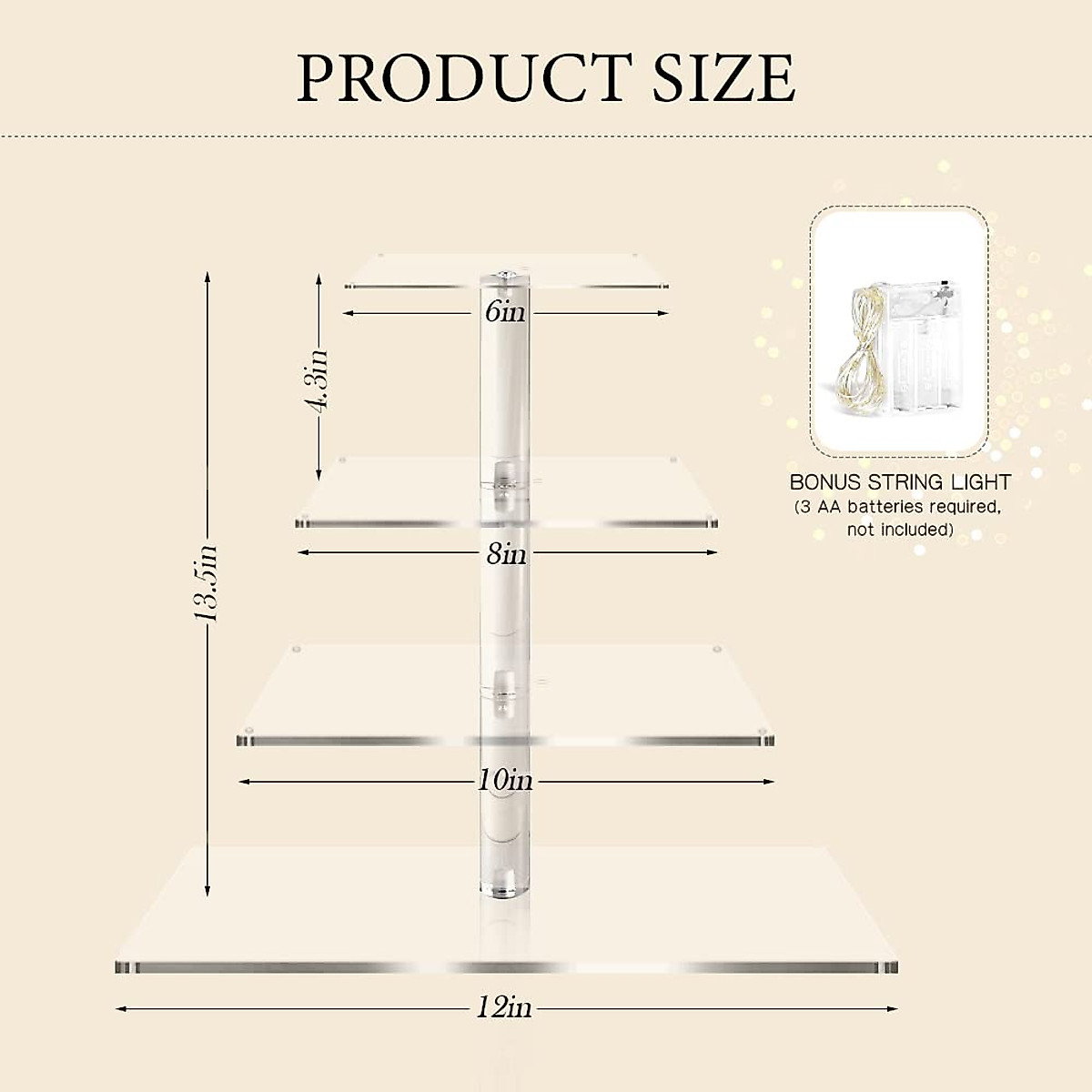 4 Tier Square Acrylic Cupcake Display Stand Holder with LED String Light Pastry Dessert Serving Platter for Birthday or Wedding Party