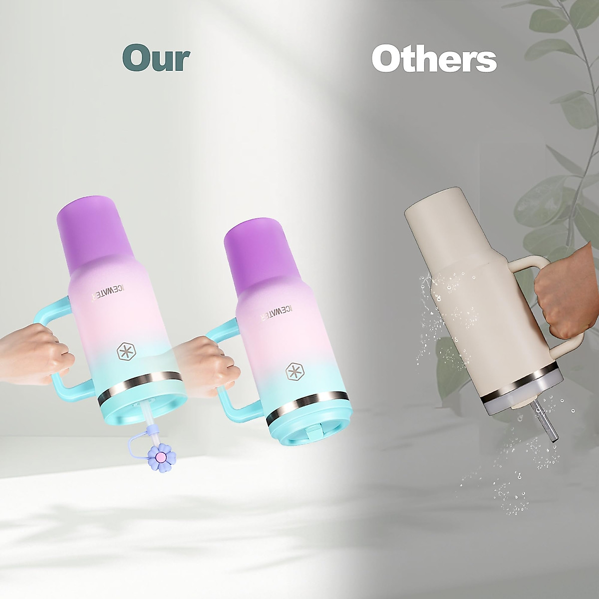 ICEWATER 40 oz Tumbler with 2 Lids (Flip & Standard Straw),100% Leak Proof Insulated Tumbler with Handle, Cup Holder Friendly, Stainless Steel Water Bottle, Gifts for Women & Men (Midnight Black)