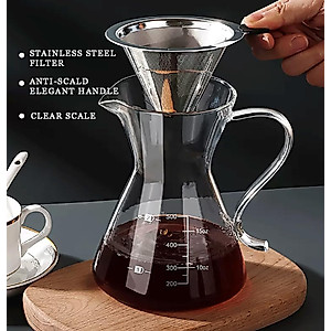 COFISUKI Pour Over Coffee Maker - Elegant Drip Coffee Maker with Reusable Stainless Steel Filter/Dripper, Lead-Free Borosilicate Glass Coffee Carafe for 1-4Cup (500ml/17oz)