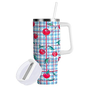 RPLIFE Kawaii Cherry Grid Pastel Stainless Water Bottle, Insulated Coffee Cups with Lids, Tumblers for Women