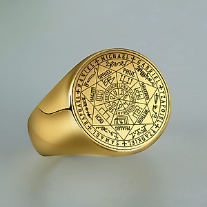 Amaxer Seven Archangels Ring for Men Stainless Steel The Seal Of Solomon Tetragrammaton Archangels Protection Ring Statement Band for Men Women (Gold, 12)