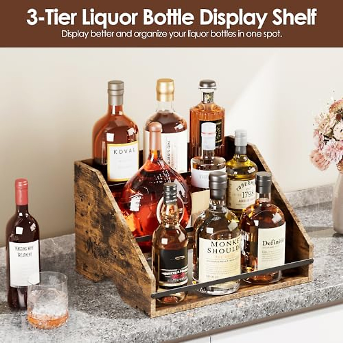Nuovoware Liquor Bottle Display Shelf, Bar Shelf for Liquor Bottles, 3 Step Liquor Cabinet Wine Rack, 12-Bottle Bar Cabinet, Mini Bar Home Retro for Liquor, Wine Racks Countertop, Bar Display, Wooden