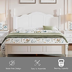 Queen Size Classic Wood Platform Bed Frame with Headboard, Solid Wood Foundation / No Box Spring Needed / Wood Slat Support / Easy Assembly for Family Bedroom Apartment Boys Girls Room (White, Queen)