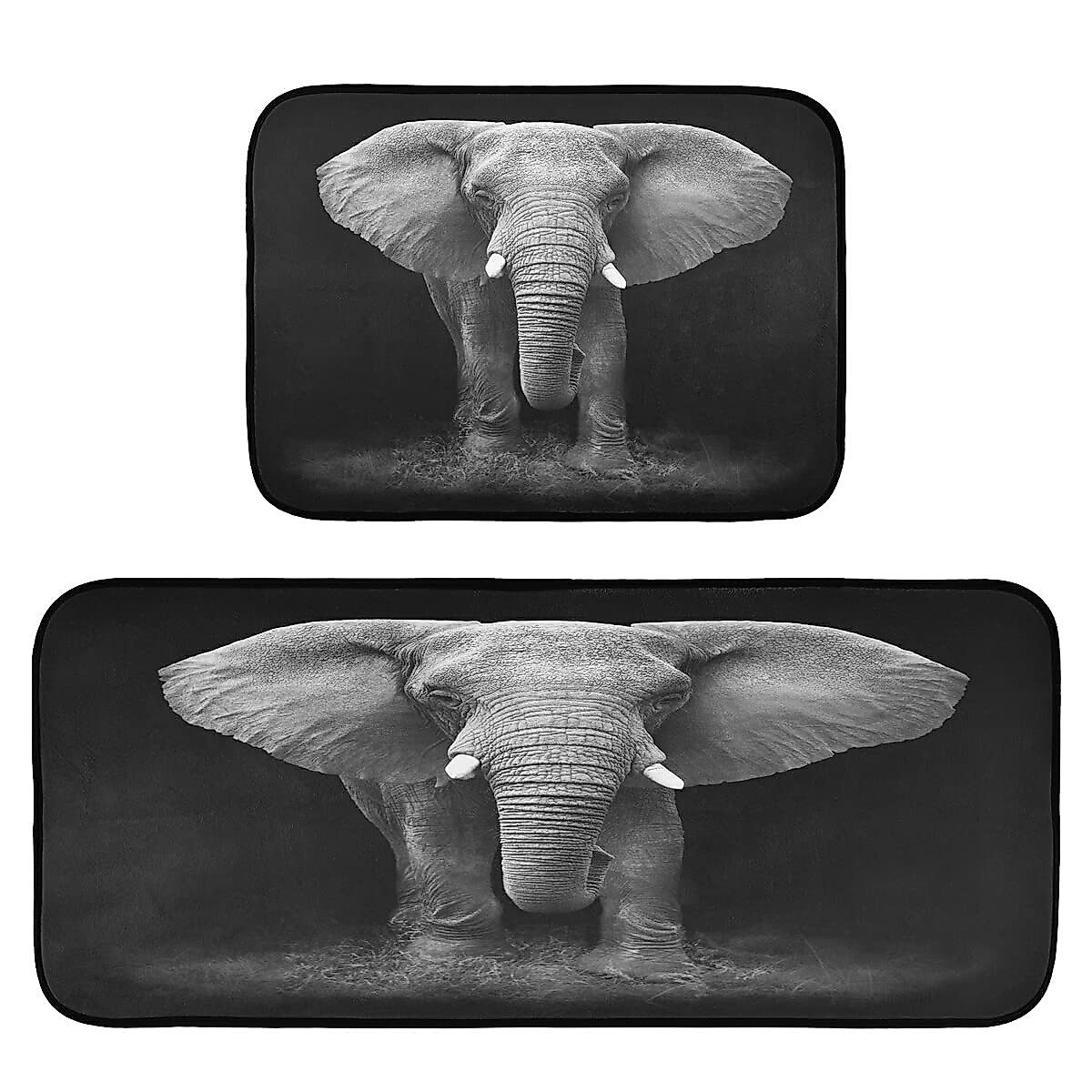 ALAZA Elephant Animal Black Non Slip Kitchen Floor Mat Set of 2 Piece Kitchen Rug 47 x 20 inches + 28 x 20 inches for Entryway Hallway Bathroom Living Roo
