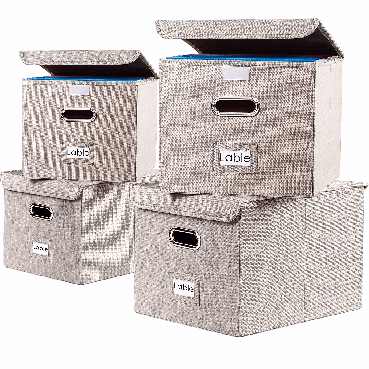 PRANDOM File Organizer Box - Set of 4 Collapsible Decorative Linen Filing Storage Hanging File Folders with Lids Office Cabinet Letter Size Light Grey (15x12.2x10.75 inch)